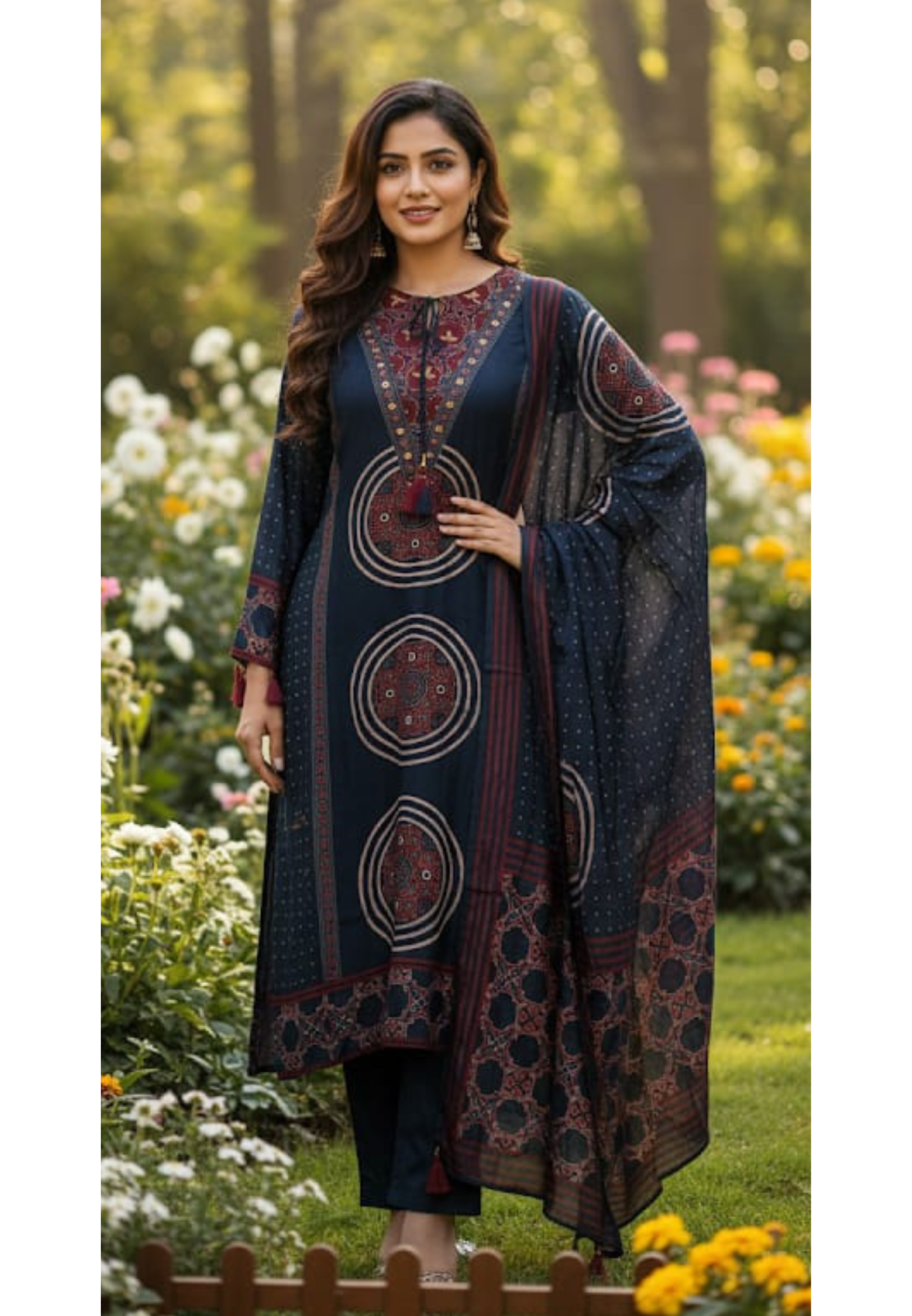 Foil Neck Line Rich Printed A-Line Full Suit Set With Dupatta In Dola