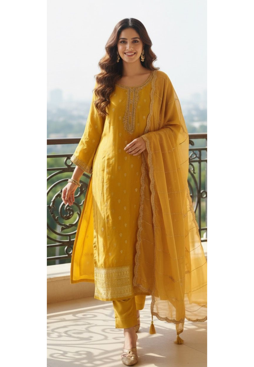 Very Delicate Front Work Neck Line Brocade Full Suit Set With Dupatta