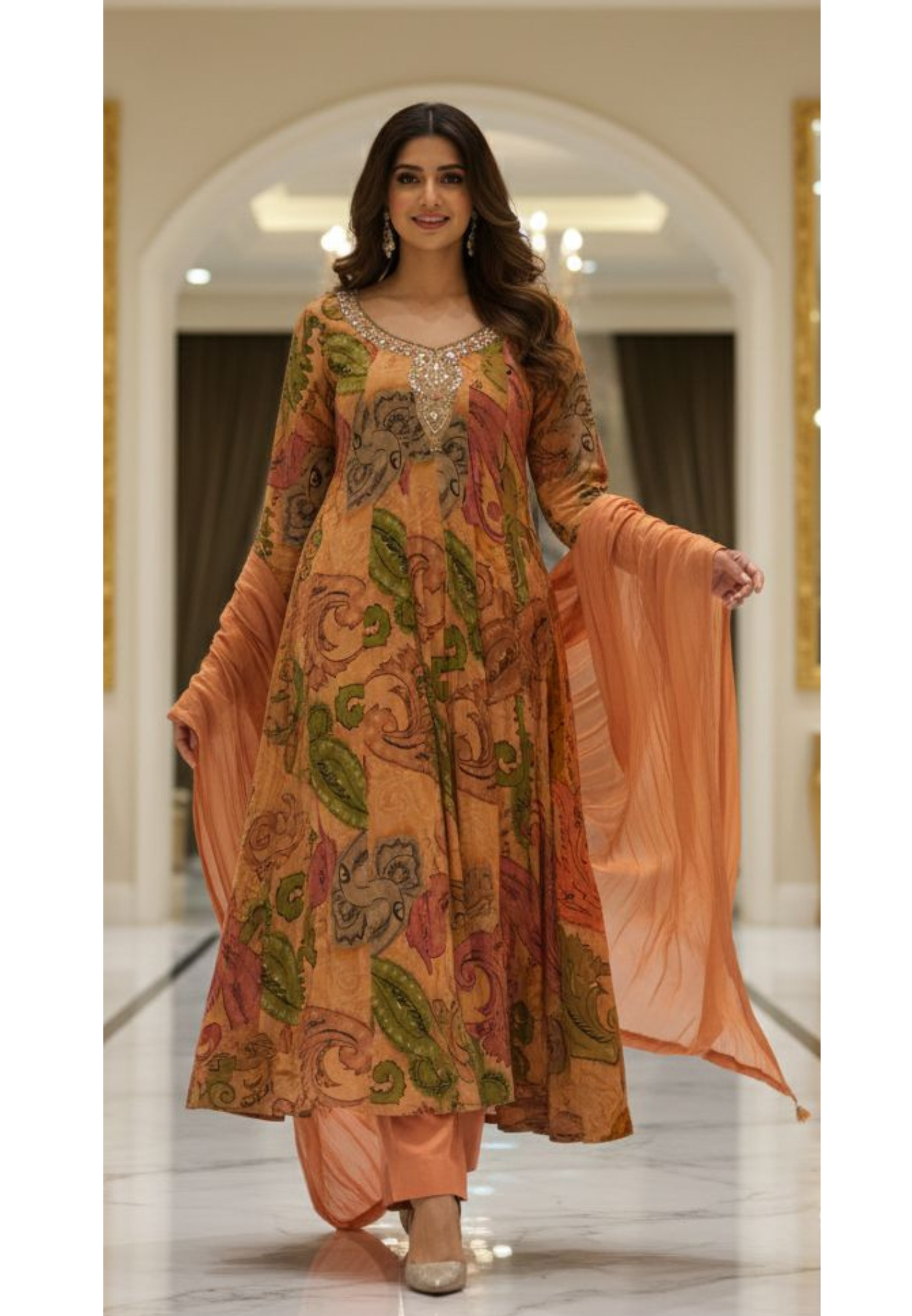 Giant Leafy Minimal Neck Work Panel Anarkali Full Suit Set With Dupatt