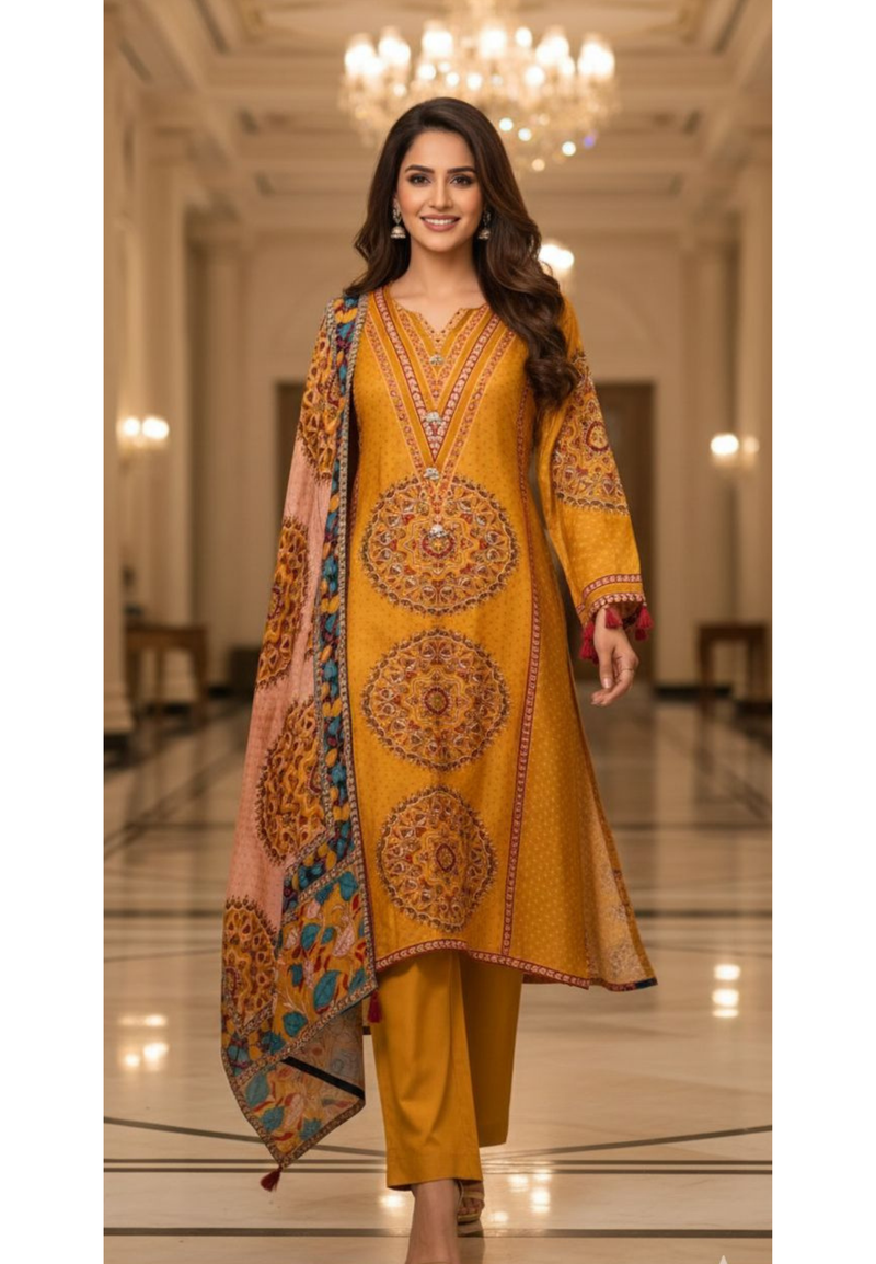 Placement Print V-Patterned Yoke Printed Straight Full Suit Set With M