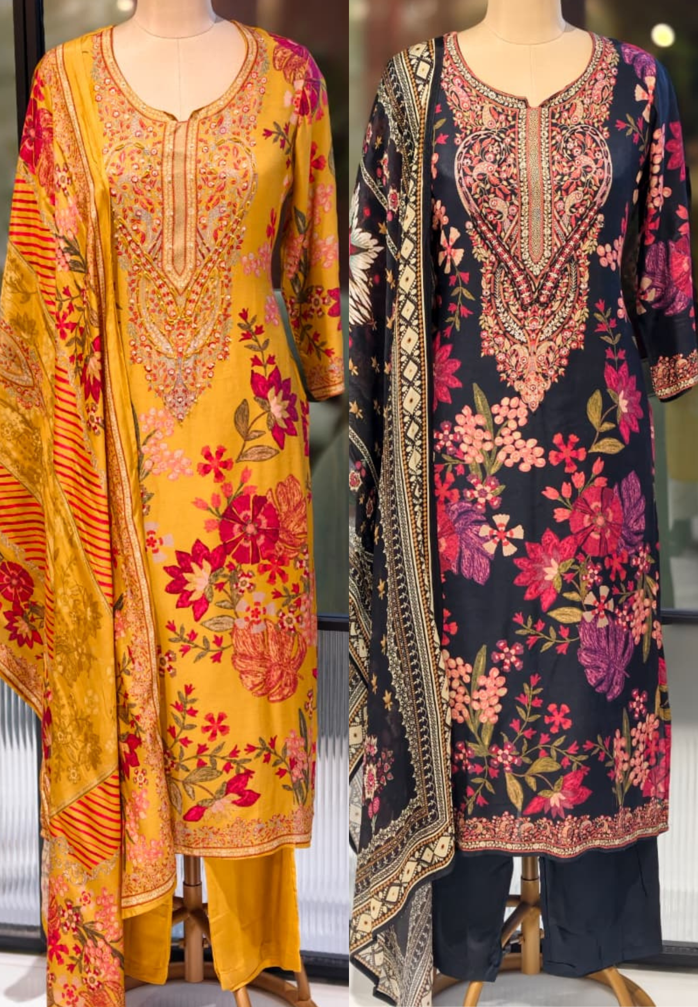 Digital Floral Placement Print Russian Silk Straight Full Suit Set Wit